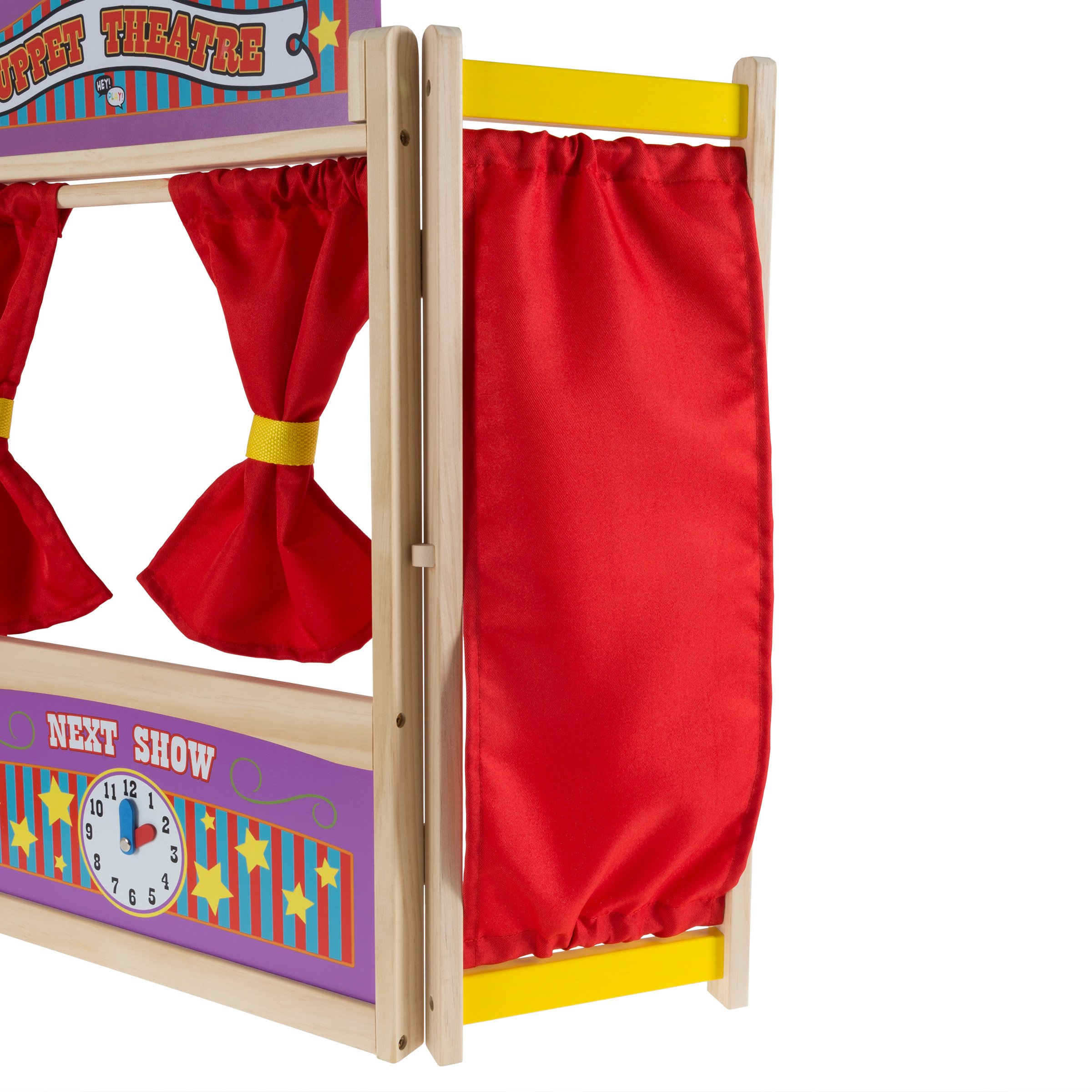 Hey! Play! Wooden Tabletop Puppet Theater with Curtains, Blackboard, and Clock- Inspires Imagination and Creativity for Kids, Boys and Girls