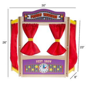 Hey! Play! Wooden Tabletop Puppet Theater with Curtains, Blackboard, and Clock- Inspires Imagination and Creativity for Kids, Boys and Girls