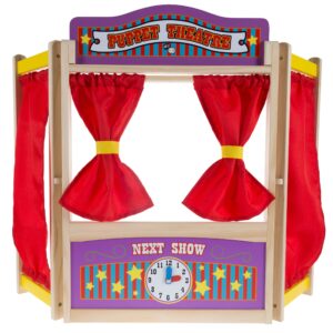 hey! play! wooden tabletop puppet theater with curtains, blackboard, and clock- inspires imagination and creativity for kids, boys and girls