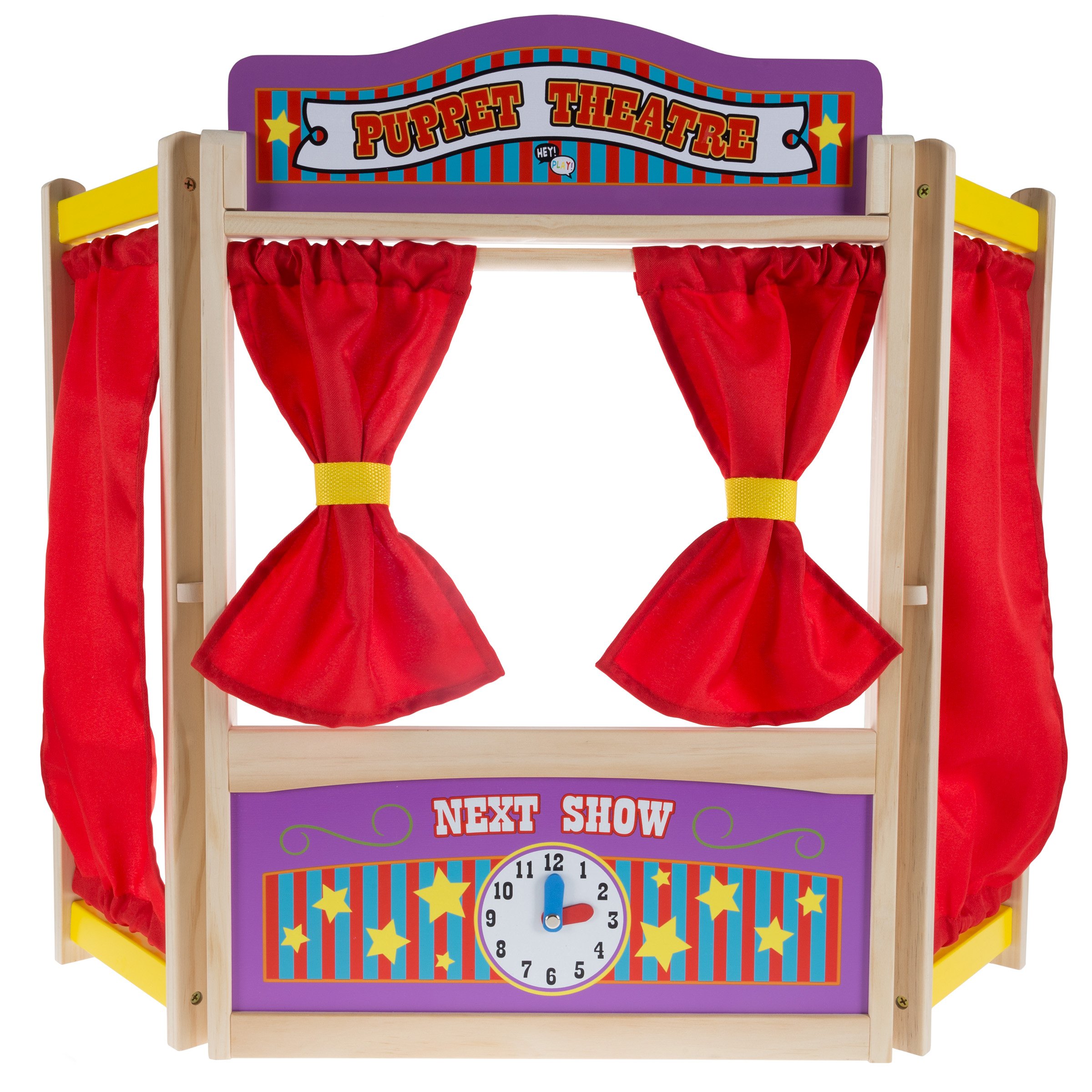 Hey! Play! Wooden Tabletop Puppet Theater with Curtains, Blackboard, and Clock- Inspires Imagination and Creativity for Kids, Boys and Girls