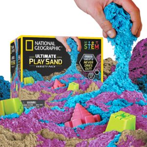 national geographic 6 lb. moon sand combo pack - 2 lbs. each of blue, purple and natural play sand with castle molds - a fun no mess sensory activity, kids fake sand play set (amazon exclusive)