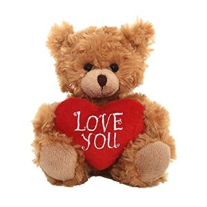 plushland stuffed mocha heart bear – love you- plush bear toy for kids & adults - embroidered heart pillow - brown-6 inches