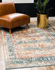 unique loom rosso collection vintage, traditional, bohemian, border, distressed, southwestern area rug, 4' 0" x 6' 0", blue/ivory