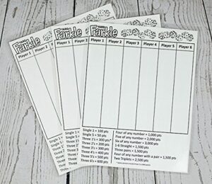 3 yard farkle score cards. laminated score cards with rules on the back, yarkle, yard games, outdoor games, outdoor events. reusable score cards. size- 8.5" x 11"