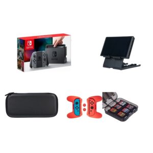 nintendo switch - neon gray joy-con with amazon basics carrying case,playstand,game storage & grip kit