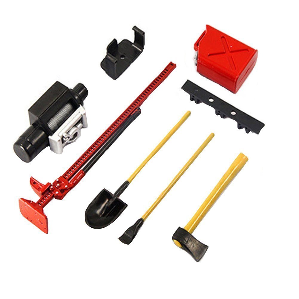 Share Goo 6PCS RC Plastic Decoration Accessories Tool Set Kit Compatible with 1/10 Scale RC Rock Crawler 4WD D90 D110 SCX10 Wraith,Include Gas Can, Winch, Jack, Shovel, Axe, Pry Bar,Red