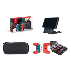 nintendo switch - neon blue and red joy-con with amazon basics carrying case,playstand,game storage & grip kit