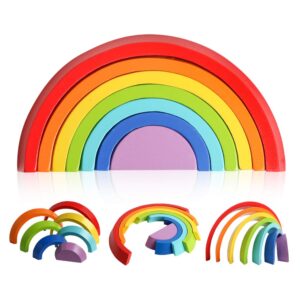 kizh wooden rainbow stacker nesting puzzle blocks tunnel stacking game building blocks color shape matching jigsaw educational toys puzzle for kids baby toddlers children