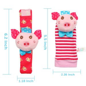 FunsLane 8 Packs Kids Rattle, Kids Wrist Rattles and Foot Finder Socks Set, Educational Development Soft Animal Toy Shower Gift with Monkey, Elephant, Puppy and Piggy