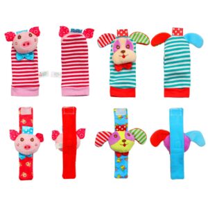 FunsLane 8 Packs Kids Rattle, Kids Wrist Rattles and Foot Finder Socks Set, Educational Development Soft Animal Toy Shower Gift with Monkey, Elephant, Puppy and Piggy