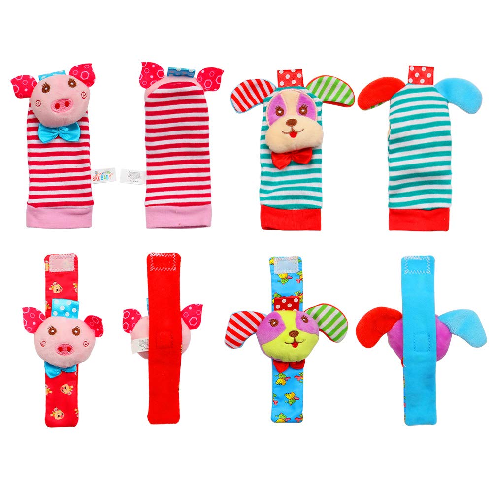 FunsLane 8 Packs Kids Rattle, Kids Wrist Rattles and Foot Finder Socks Set, Educational Development Soft Animal Toy Shower Gift with Monkey, Elephant, Puppy and Piggy