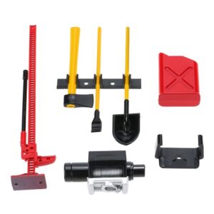 share goo 6pcs rc plastic decoration accessories tool set kit compatible with 1/10 scale rc rock crawler 4wd d90 d110 scx10 wraith,include gas can, winch, jack, shovel, axe, pry bar,red