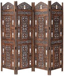 cotton craft ghanti bells - antique brown 4 panel handcrafted wood room divider screen 72x80 - with tiny bells - intricately carved on both sides