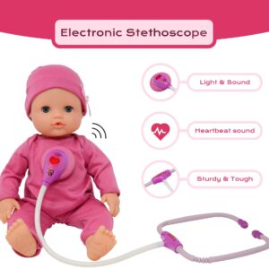 Interactive 16” Baby Doll Toy Doctor Kit with Light Up Heartbeat Sound Stethoscope, Pretend Role Play Accessories Set - Medical Checkup Playset Gift Pack for Kids, Girl Toddler – Pink, (16 Inch)