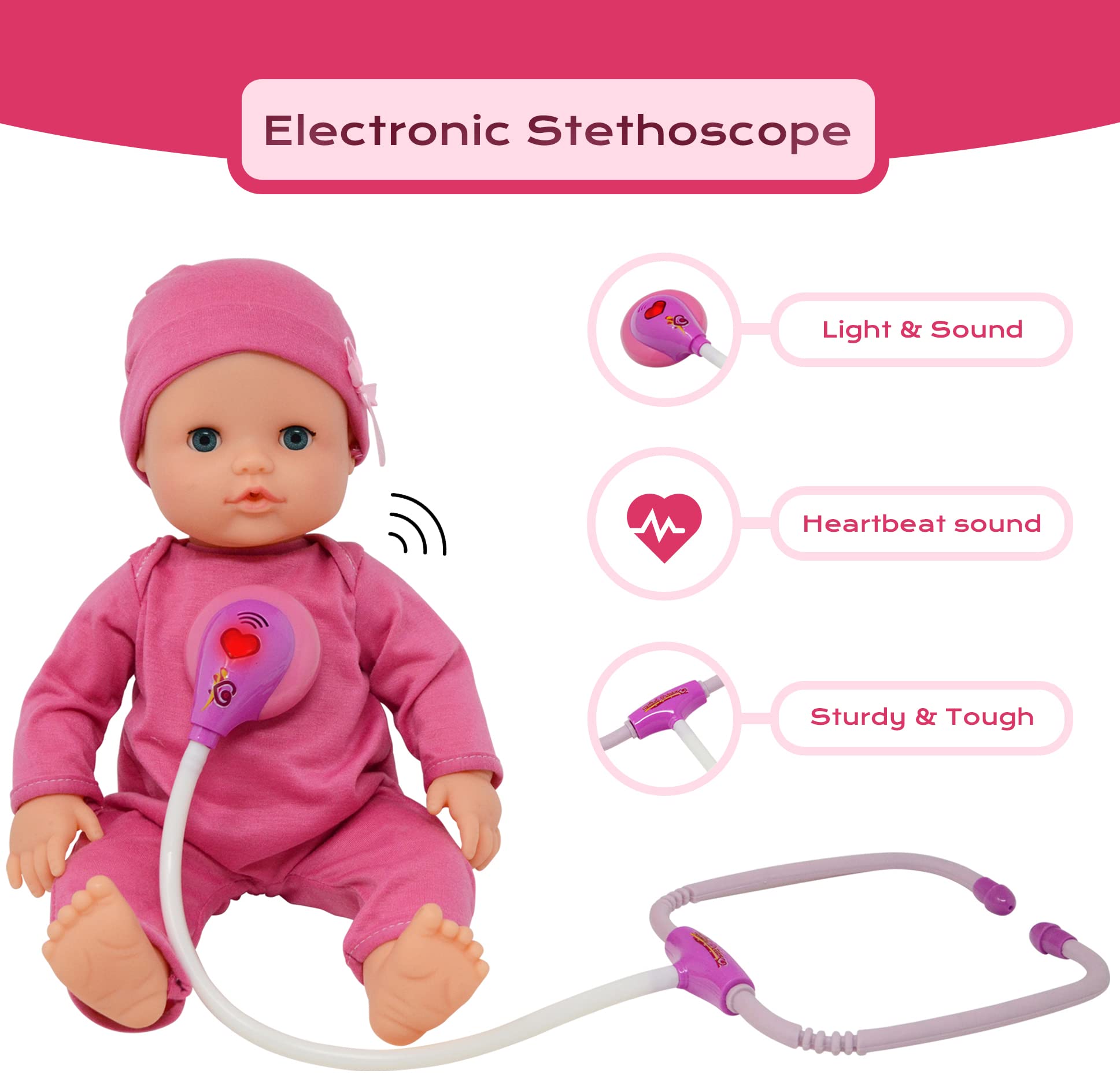 Interactive 16” Baby Doll Toy Doctor Kit with Light Up Heartbeat Sound Stethoscope, Pretend Role Play Accessories Set - Medical Checkup Playset Gift Pack for Kids, Girl Toddler – Pink, (16 Inch)