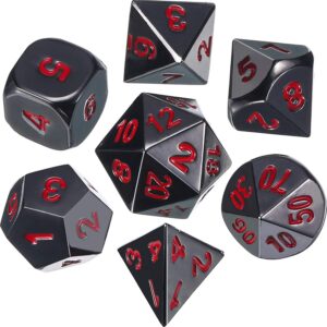 frienda zinc alloy metal polyhedral 7-die dice set compatible with dungeons and dragons rpg dice gaming math teaching, d20, d12, 2 pieces d10 (00-90 and 0-9), d8, d6 and d4 (black and red)