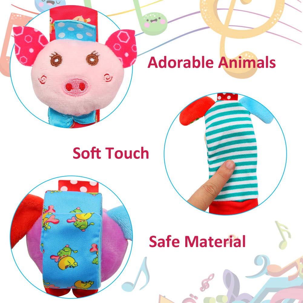 FunsLane 8 Packs Kids Rattle, Kids Wrist Rattles and Foot Finder Socks Set, Educational Development Soft Animal Toy Shower Gift with Monkey, Elephant, Puppy and Piggy