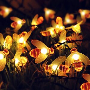 solar powered string lights, 30 cute honeybee led lights, 15ft 8 modes starry lights, waterproof ip65 fairy decorative lights for outdoor, wedding, homes, gardens, patio, party, (warm white)