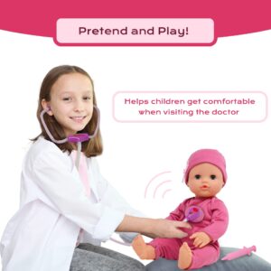 Interactive 16” Baby Doll Toy Doctor Kit with Light Up Heartbeat Sound Stethoscope, Pretend Role Play Accessories Set - Medical Checkup Playset Gift Pack for Kids, Girl Toddler – Pink, (16 Inch)