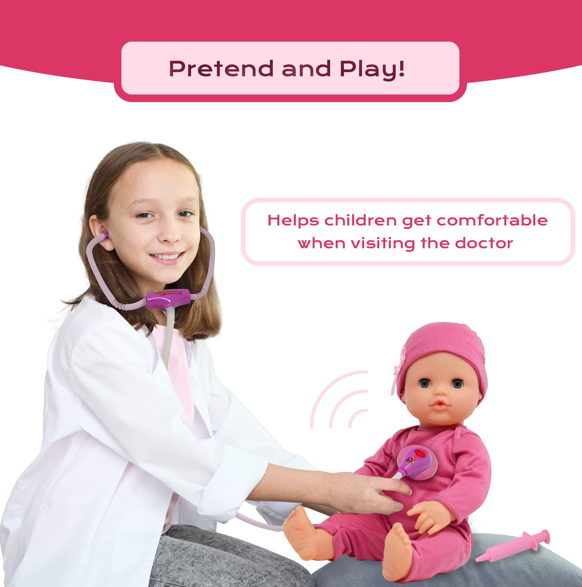 Interactive 16” Baby Doll Toy Doctor Kit with Light Up Heartbeat Sound Stethoscope, Pretend Role Play Accessories Set - Medical Checkup Playset Gift Pack for Kids, Girl Toddler – Pink, (16 Inch)