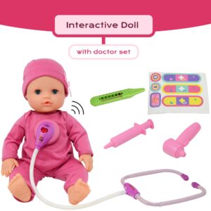 Interactive 16” Baby Doll Toy Doctor Kit with Light Up Heartbeat Sound Stethoscope, Pretend Role Play Accessories Set - Medical Checkup Playset Gift Pack for Kids, Girl Toddler – Pink, (16 Inch)