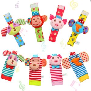 funslane 8 packs kids rattle, kids wrist rattles and foot finder socks set, educational development soft animal toy shower gift with monkey, elephant, puppy and piggy