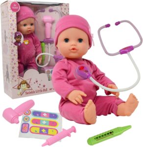 interactive 16” baby doll toy doctor kit with light up heartbeat sound stethoscope, pretend role play accessories set - medical checkup playset gift pack for kids, girl toddler – pink, (16 inch)