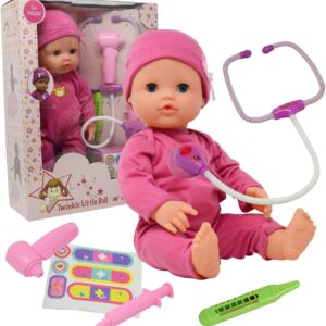 Interactive 16” Baby Doll Toy Doctor Kit with Light Up Heartbeat Sound Stethoscope, Pretend Role Play Accessories Set - Medical Checkup Playset Gift Pack for Kids, Girl Toddler – Pink, (16 Inch)