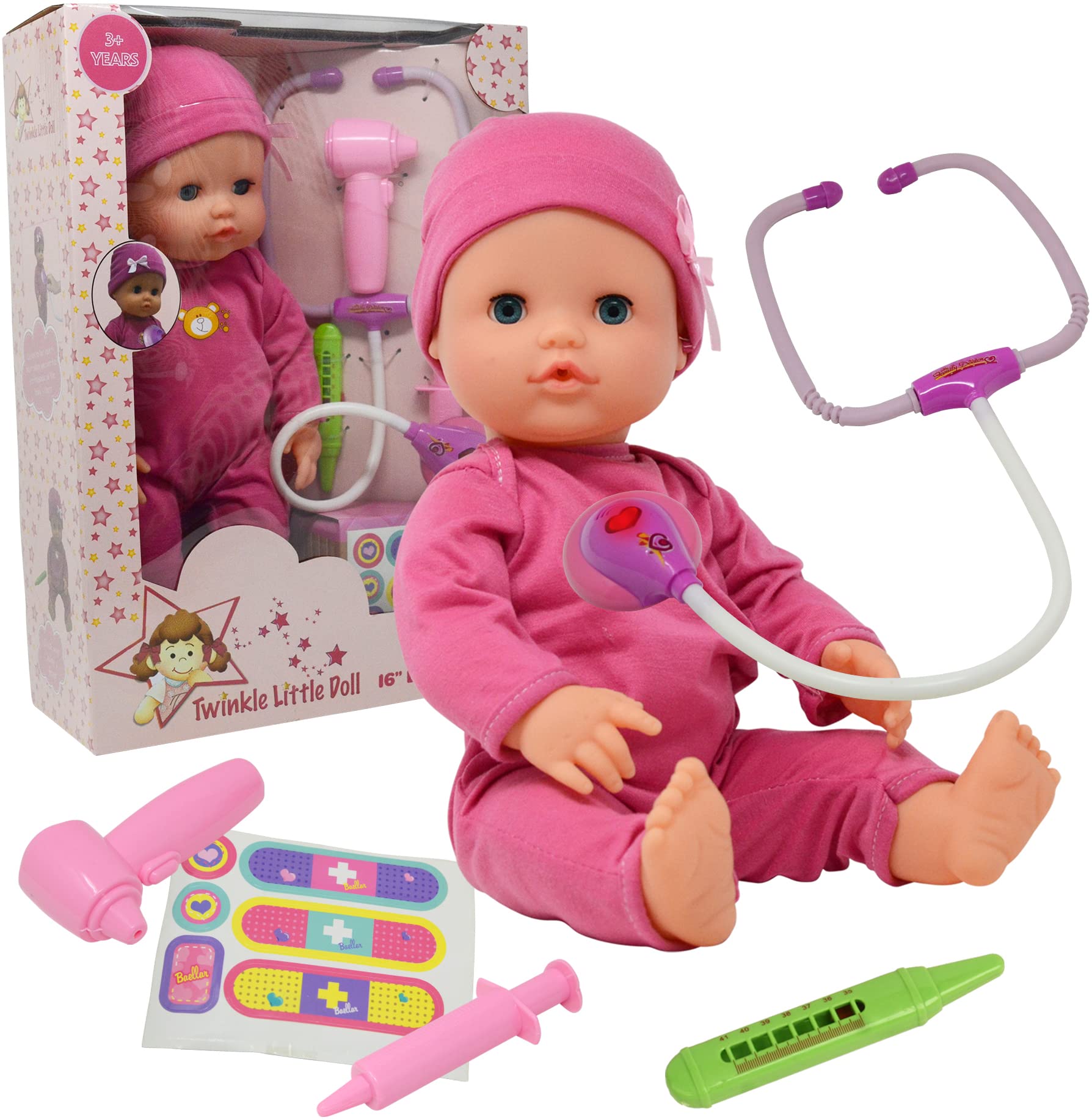 Interactive 16” Baby Doll Toy Doctor Kit with Light Up Heartbeat Sound Stethoscope, Pretend Role Play Accessories Set - Medical Checkup Playset Gift Pack for Kids, Girl Toddler – Pink, (16 Inch)