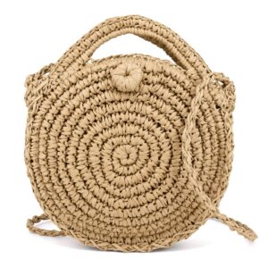 women round straw beach bag handwoven summer rattan bag cross body bag shoulder bag khaki