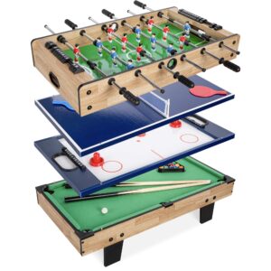 best choice products 4-in-1 multi game table, childrens combination arcade set w/pool billiards, air hockey, foosball and table tennis - natural