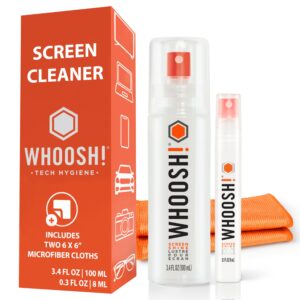 whoosh! laptop screen cleaner spray and wipe - 3.4 + 0.3 fl oz + 2 microfiber cloths - duo with large & travel size bottles for eyeglass cleaner, car screen & phone cleaner - iphone cleaning kit