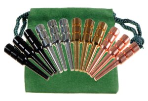 premium metal cribbage pegs, set of 12, in four, 1 5/16” tall; tapered to fit 1/8 holes, with green velveteen drawstring storage pouch