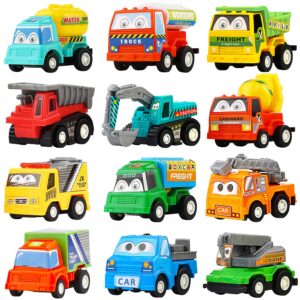 laxdacee pull back car,12 pack assorted mini plastic construction vehicle set, car truck toy for kids, boy, girl, child birthday party favors, goody bag, prizes, pinata filler supplie