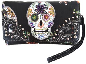 western style sugar skull studded country purse single shoulder bag clutch women blocking wristlet wallet (fuchsia)