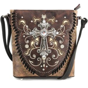 justin west floral embroidered studded ccw concealed carry shoulder purse handbag wallet (brown messenger only)