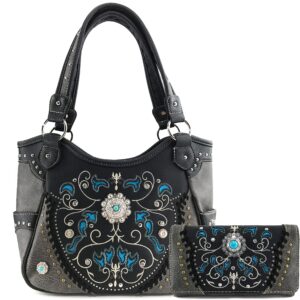 justin west concho floral embroidered studded ccw concealed carry shoulder purse handbag wallet (black purse wallet set)