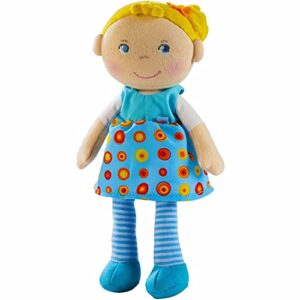 haba snug up edda - 10" soft doll with fuzzy blonde hair, embroidered face and removable blue dress (machine washable) for ages 18 months +