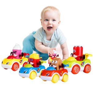 lukat cars toys for 1 2 3 year old boys and girls, push and go friction powered vehicles toy set of 4 baby cars