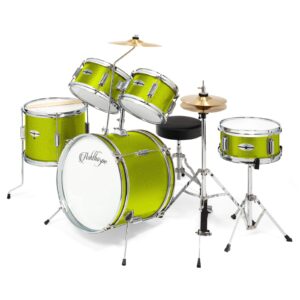 ashthorpe 5-piece complete junior drum set with genuine brass cymbals - advanced beginner kit with 16" bass, adjustable throne, cymbals, hi-hats, pedals & drumsticks - green