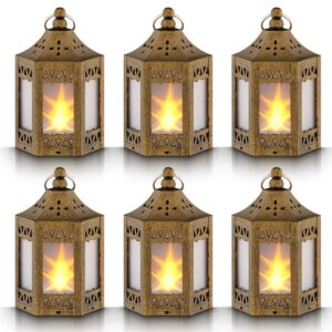 mini star lantern with flickering led,battery included,decorative hanging lantern,christmas decorative lantern,indoor candle lantern,battery lantern indoor use,zkee(set of 6 copper brushed)