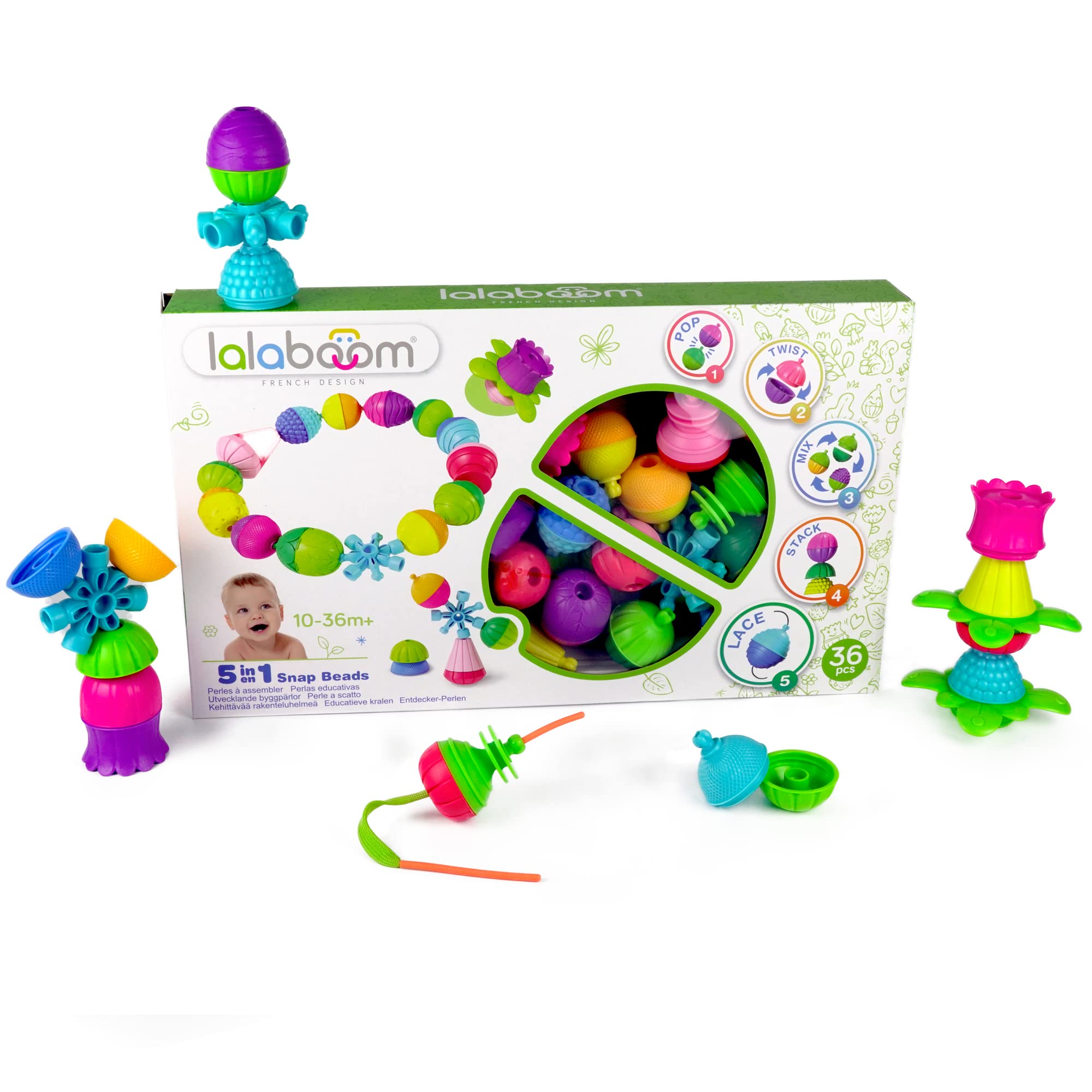 Lalaboom 36 Piece Baby Toddler Beads – Montessori Educational Shape and Color STEM Construction Toy 10 Months to 3 Years - BL300, Multicolor