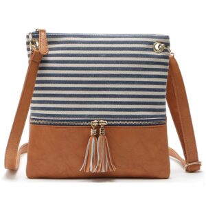 duketea stripe medium crossbody purse, canvas + faux leather, blue, size medium