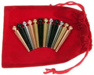 deluxe games and puzzles metal cribbage pegs extra large ball top, set of 12 pegs in 4 colors, for specialized cribbage boards, soft red velveteen storage pouch