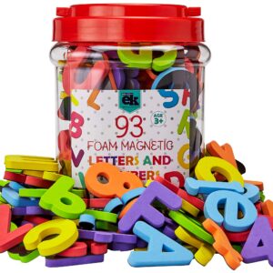 magnetic foam letters and numbers premium quality abc, 93 foam alphabet magnets | educational toy for preschool learning, spelling, counting in canister