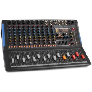 pyle 12-channel bluetooth studio audio mixer - dj sound controller interface with usb drive for pc recording input, rca, xlr microphone jack, 48v power, for professional and beginners - pmxu128bt