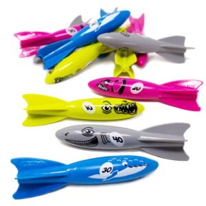 boley dive torpedo swim toys - 12 pack sinking pool toys for kids - colorful shark, whale, fish diving torpedoes - summer water games, bath time fun, pool diving toy set