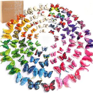 ygeomer 96pcs 3d butterfly wall decals, colorful double winged butterflies decor with magnets, 8 colors removable mural stickers home decorations, for kids bedroom, offices, tv background, party