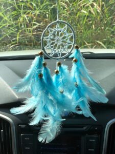 rooh dream catcher ~ baby blue crochet~ handmade mandala hangings for positivity (used as home décor accents, wall hangings, garden, car, outdoor, bedroom, key chain, meditation room, yoga temple)