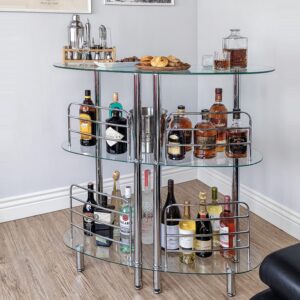 mango steam bar table for home - contemporary modern home bar unit, liquor bar with 2-tier storage shelves, durable liquor bar for parties & gatherings, 47" l x 13.6" d x 41" h - clear